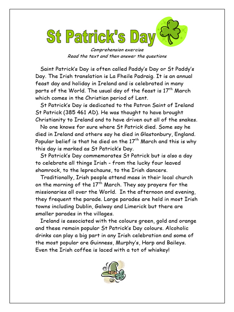 ST Patrick's Day Comprehension | PDF | Saint Patrick | Ireland