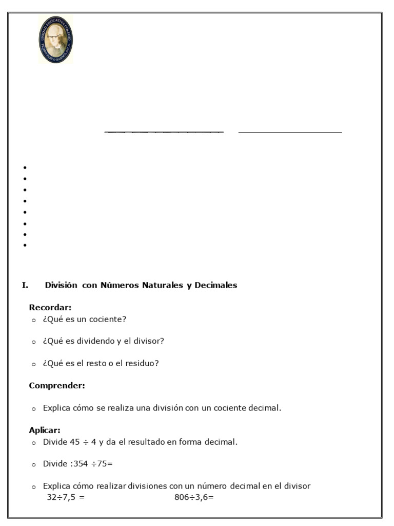 Guía Matemática 5to Grado: Operaciones y Conceptos | PDF | División ...