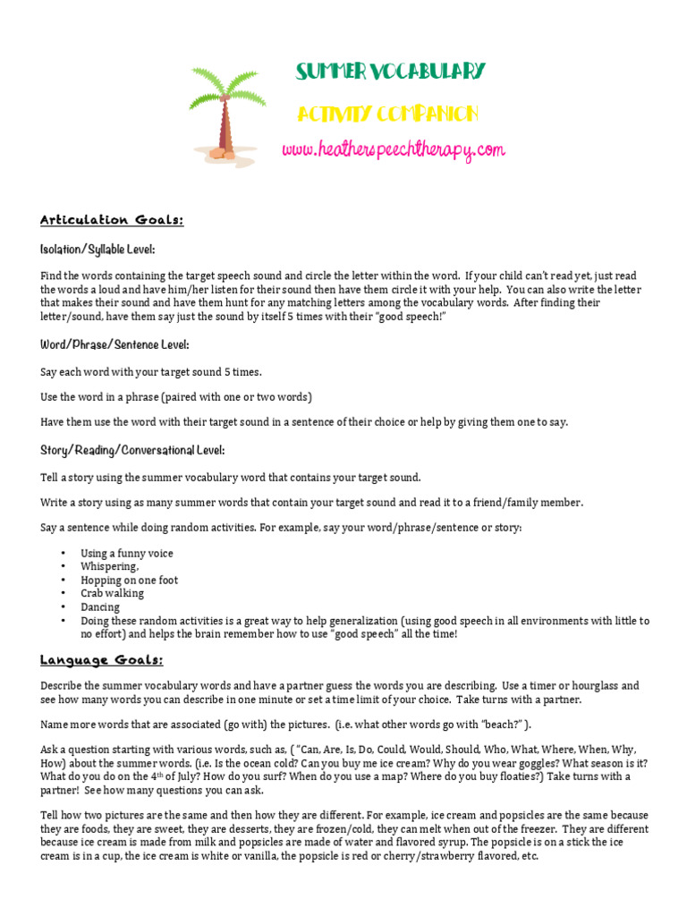 Summer Speech Therapy Activities | PDF | Vocabulary | Cognitive Science