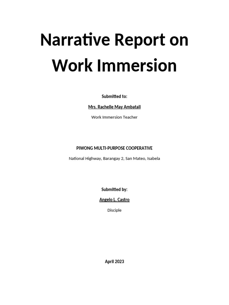 Work Immersion Narrative Report 2023 | PDF | Learning