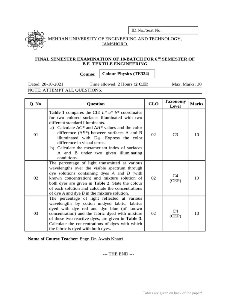 13.b Q.Paper - Final Semester - 18TE | PDF | Dyeing | Color