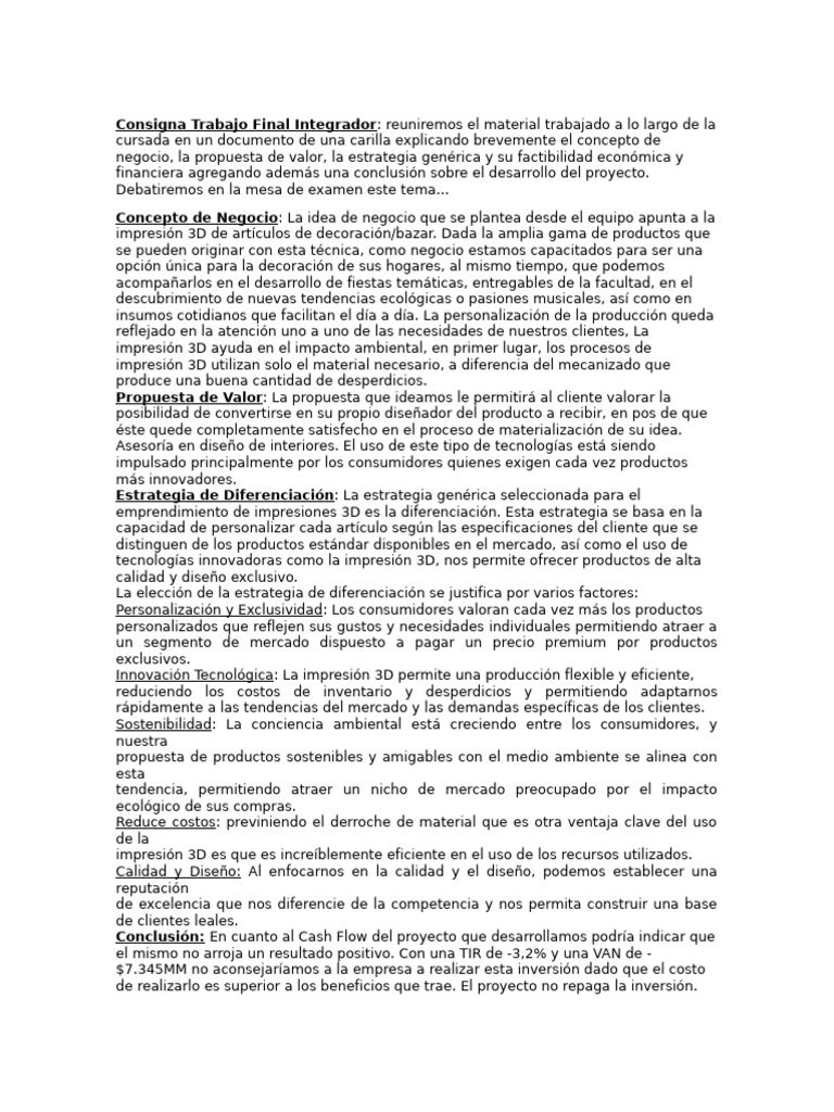 Consigna Trabajo Final Integrador | PDF | Impresión 3d | Mercado (economía)