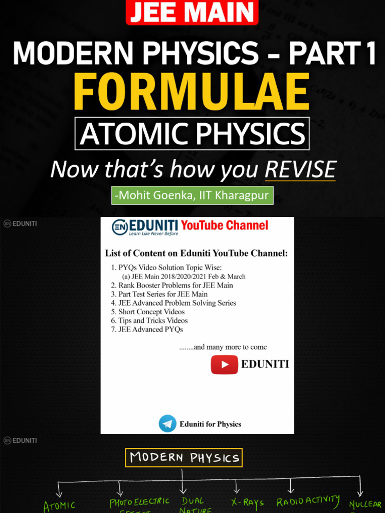 JEE Main - Modern Physics Part 1 - Atomic Physics - Formulae Revision - Eduniti | PDF