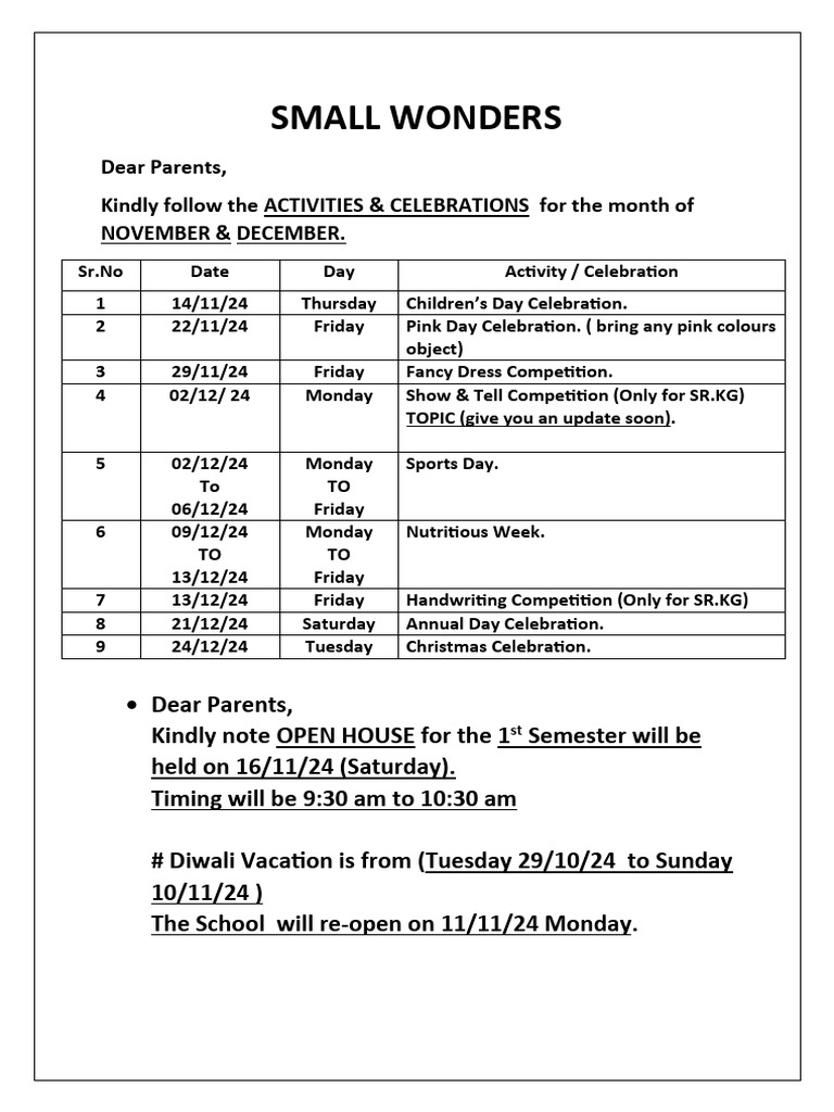 Activity & Celebration List | PDF