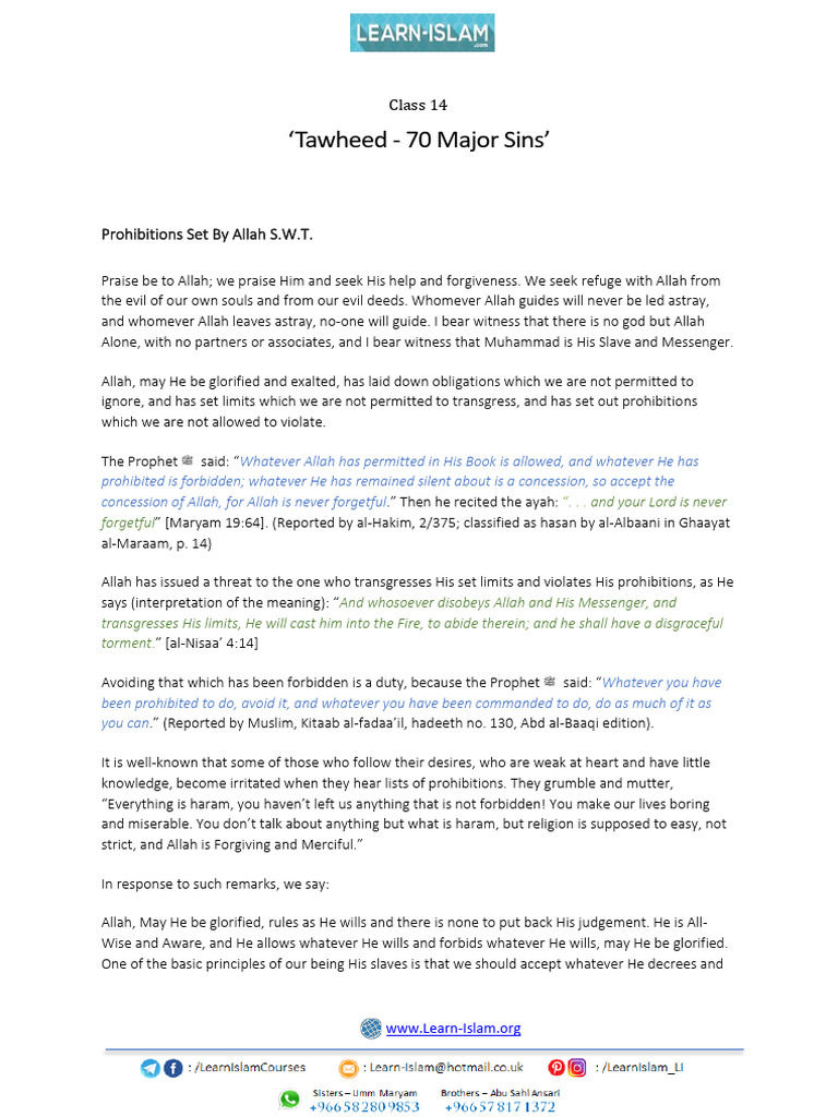 70 Major Sins | PDF | God In Islam | Prophets And Messengers In Islam