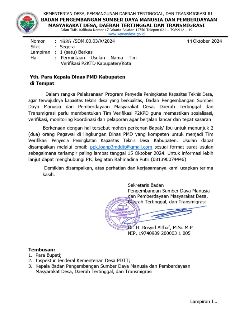 Permintaan Usulan Nama Tim Verifikasi P2KTD Kabupaten | PDF