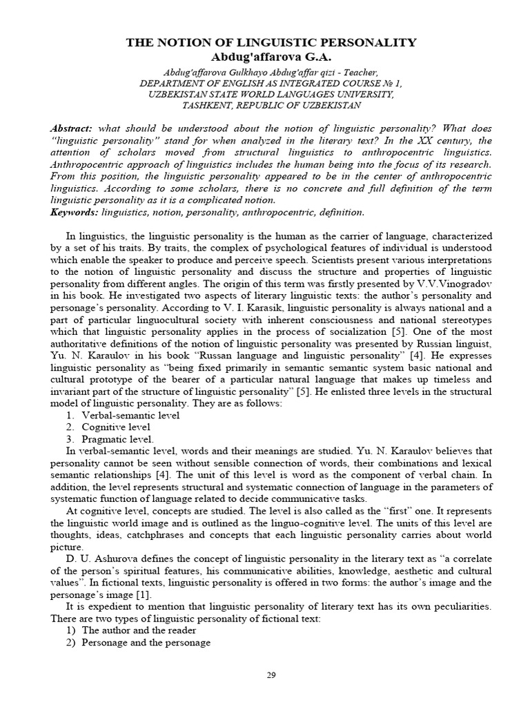 The Notion Of Linguistic Personality Pdf Linguistics Semantics