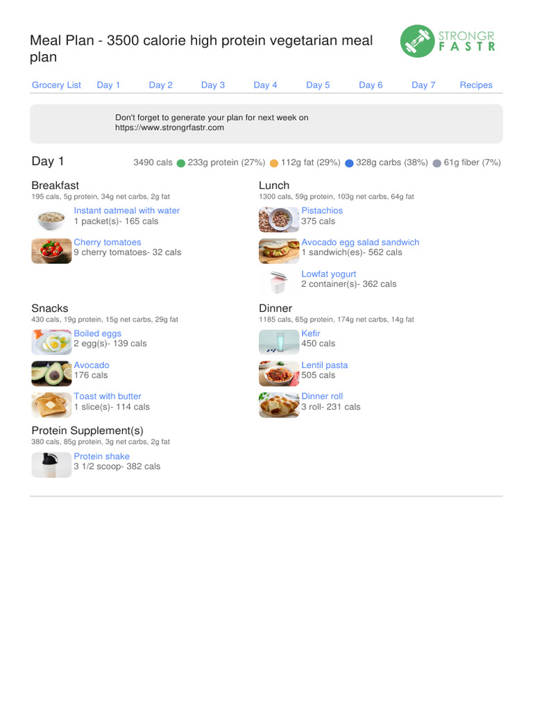 3500 Calorie High Protein Vegetarian Meal Plan | PDF | Meal | Pasta