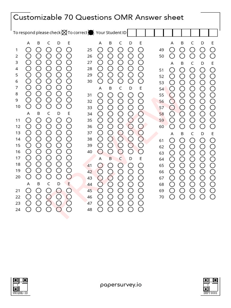 Customizable OMR Answer Sheet (70 questions) (PaperSurvey.io) | PDF