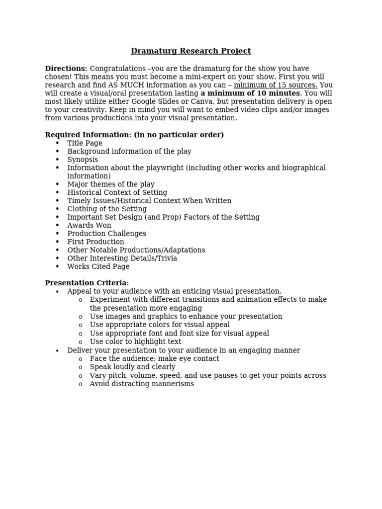Dramaturg Research Project Guide | PDF