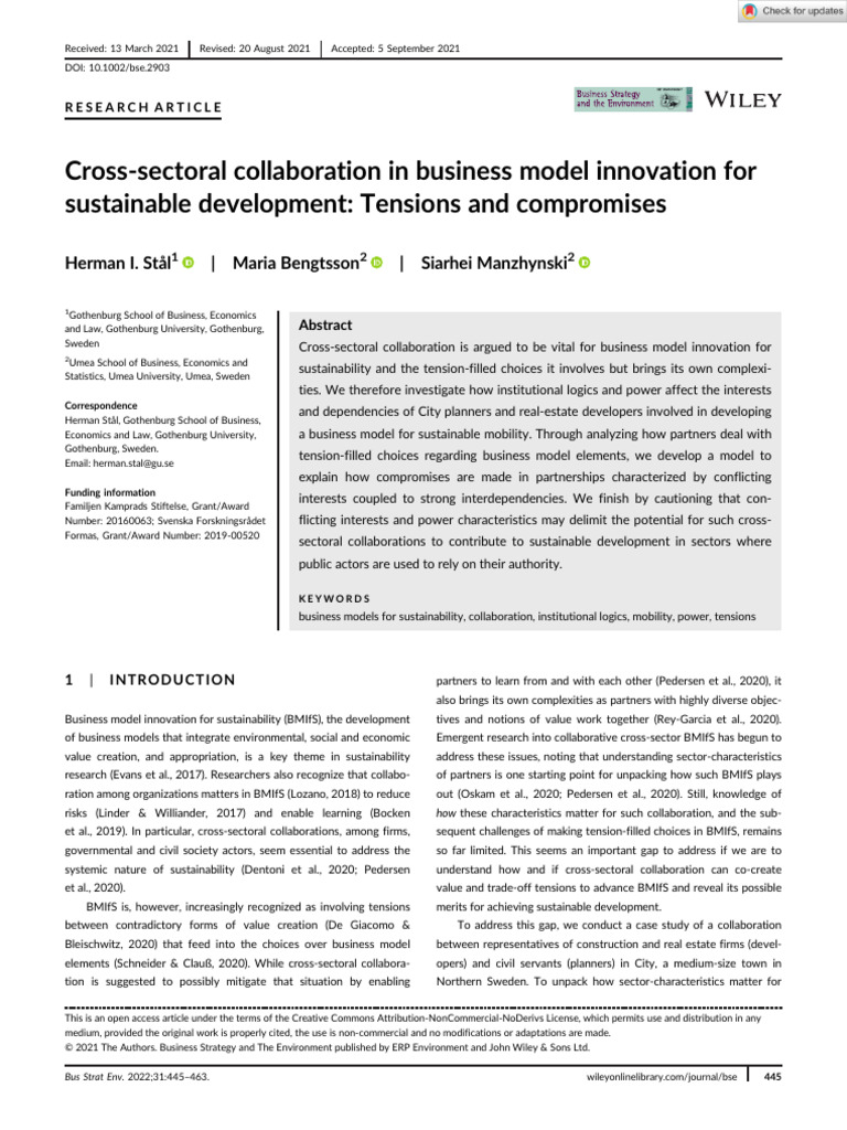 Bus Strat Env - 2021 - Stål - Cross‐sectoral collaboration in business model innovation for ...