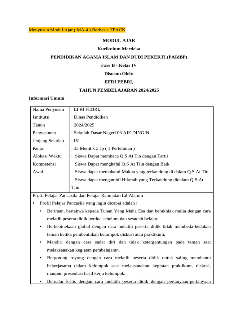 LK 9 Menyusun Modul Ajar TPACK EFRI FEBRI | PDF