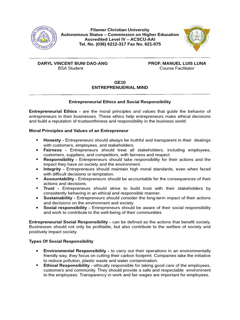 Entrepreneurial Ethics and Social Responsibility | PDF ...