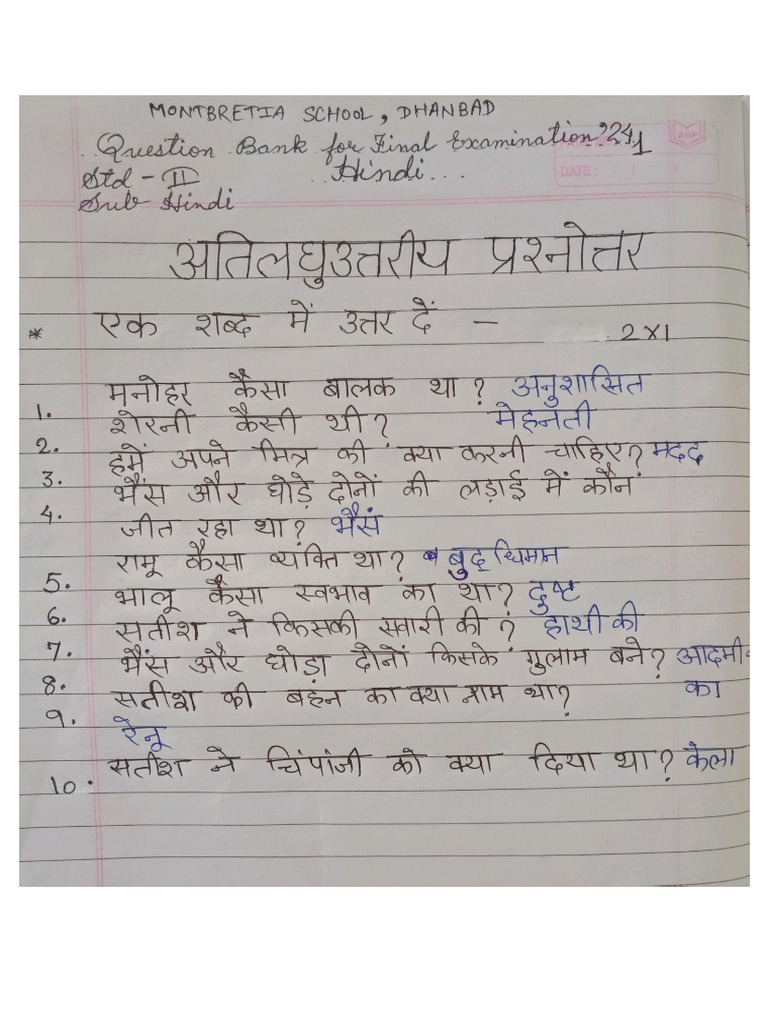 STD 2 Hindi Question Bank | PDF