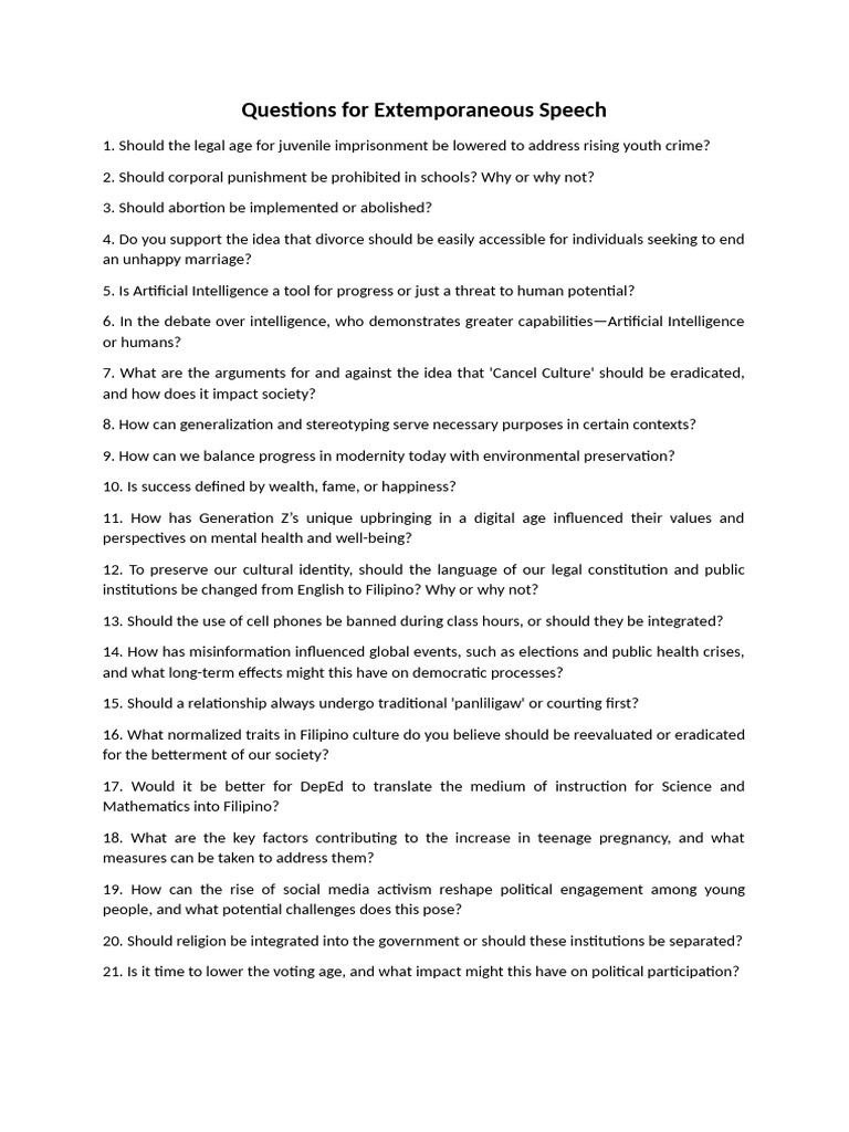 Questions For Extemporaneous Speech | PDF | Intelligence | Well Being