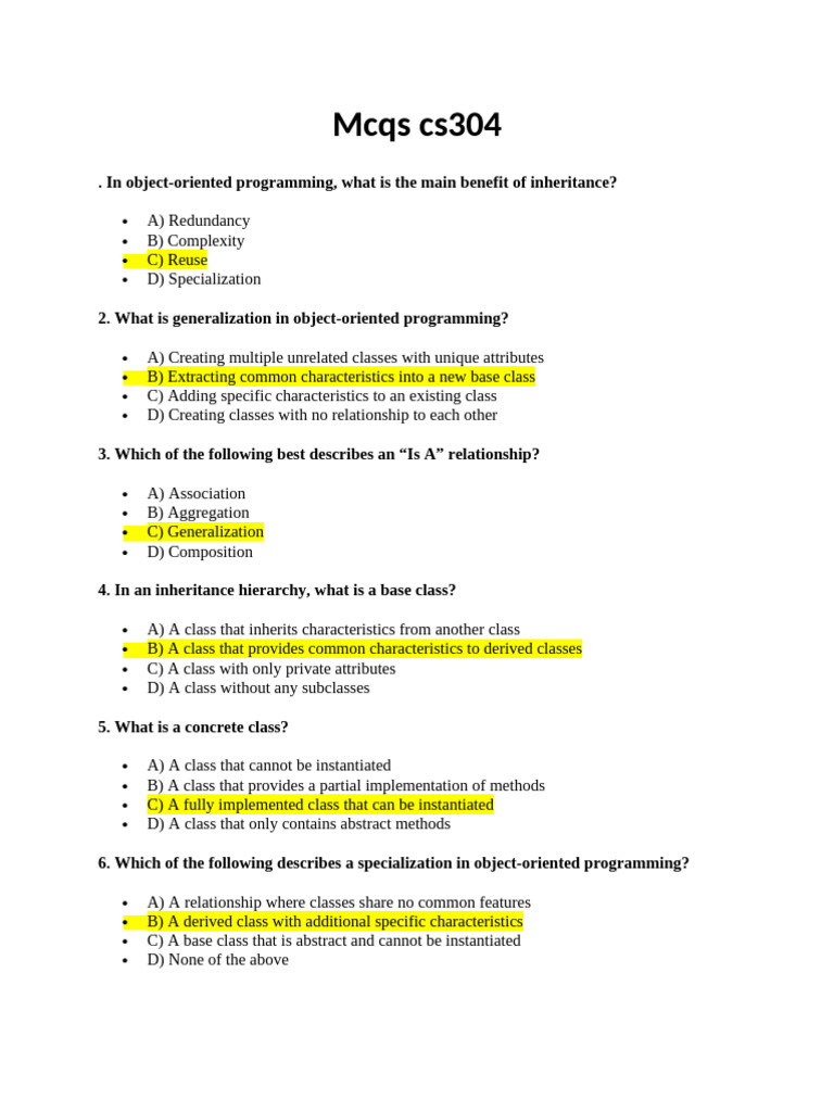 Object-Oriented Programming MCQs | PDF | Inheritance (Object Oriented Programming) | Class ...