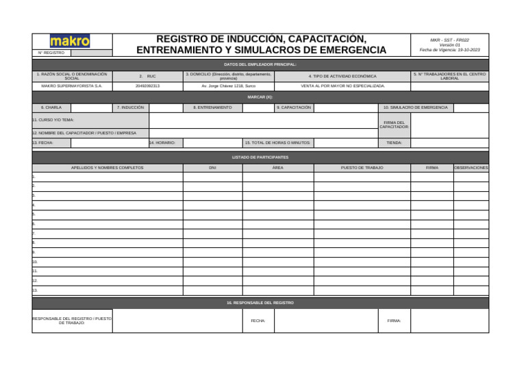 MKR - SST - FR022 Registro de Inducción, Capacitación, Entrenamiento y Simulacro | PDF