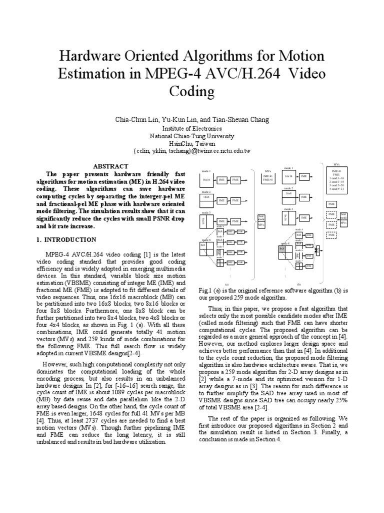 Hardware Oriented Algorithms For Motion Estimation In Mpeg 4 Avc H 264 Video Coding Pdf H