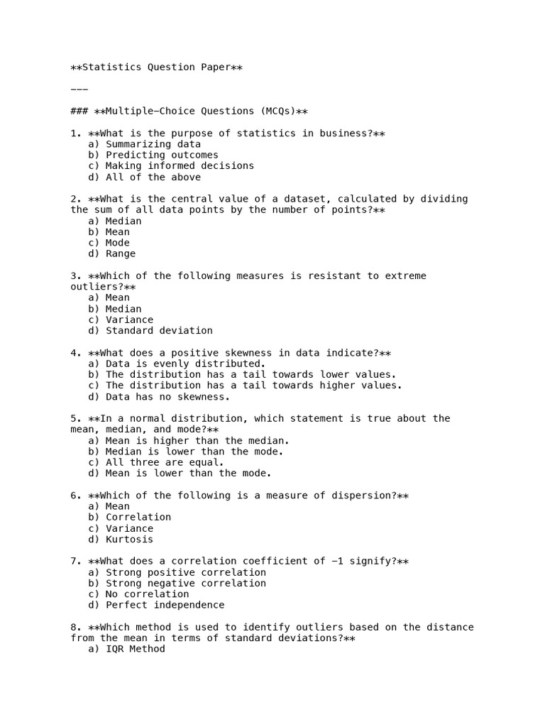 Statistics MCQs and Case Studies | PDF | Mean | Median