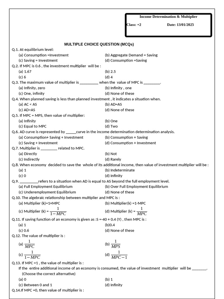 Income Determination & Multiplier Concepts | PDF | Fiscal Multiplier ...