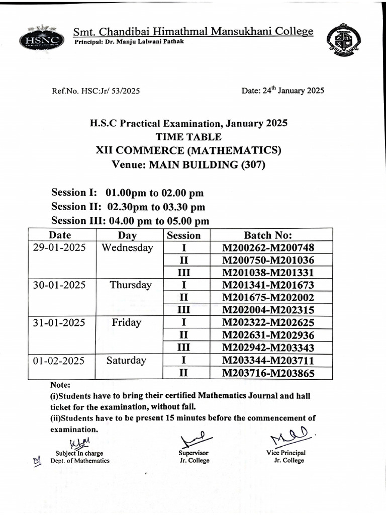 Mathematics Practical Exam (COM) Time Table, Jan2025 | PDF