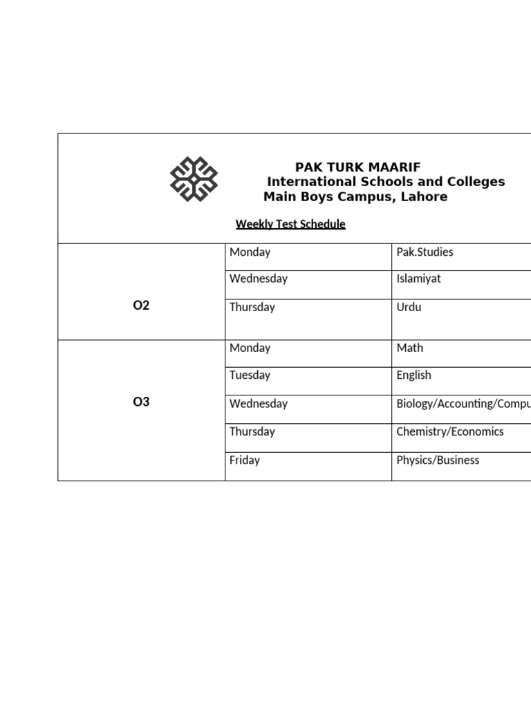 Lahore Campus Weekly Test Schedule | PDF