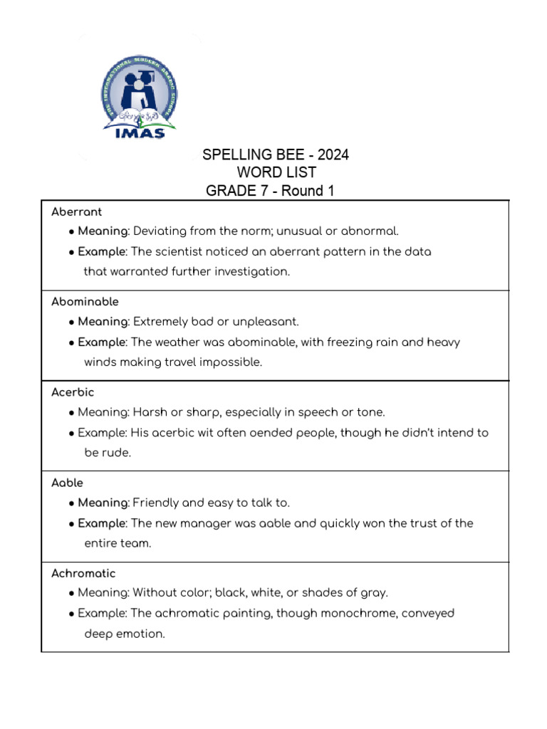 Spelling Bee - Word List - Grade 7 (Round 1) | PDF