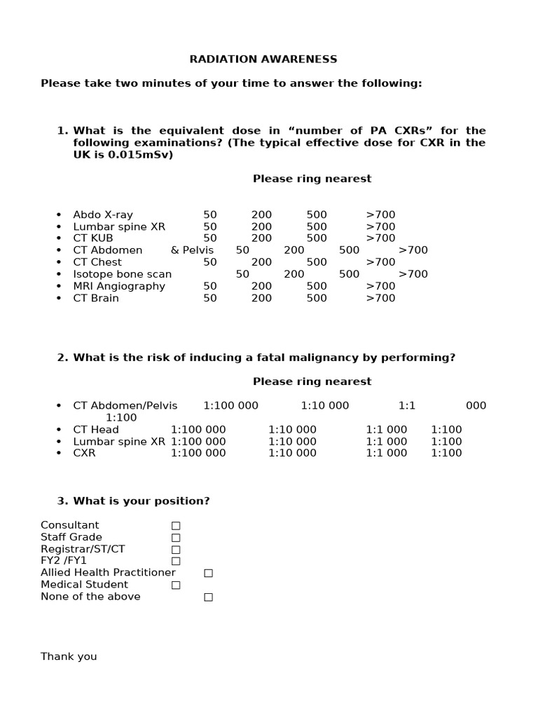 Radiation Awareness Questionnaire | PDF
