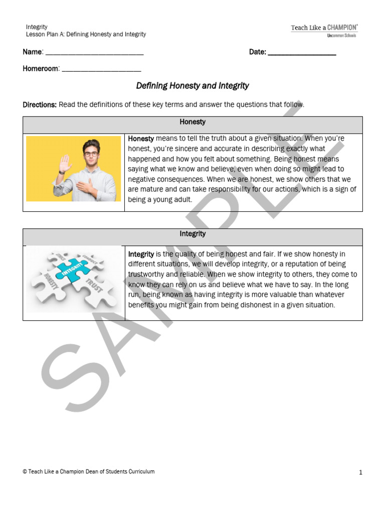 A. Defining Honesty and Integrity SAMPLE | PDF | Integrity | Human ...