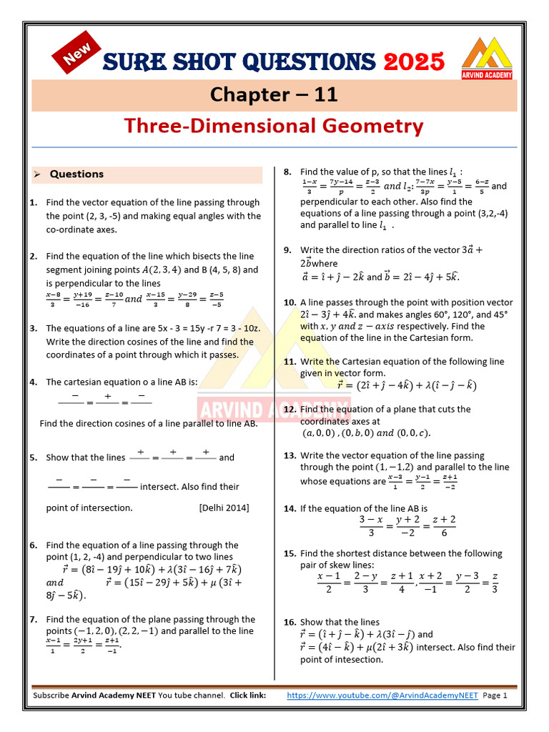 Question Chap 11 Three Dimensional Geometry - 50161893 - 2025 - 01!11!13 - 21 | PDF | Line ...