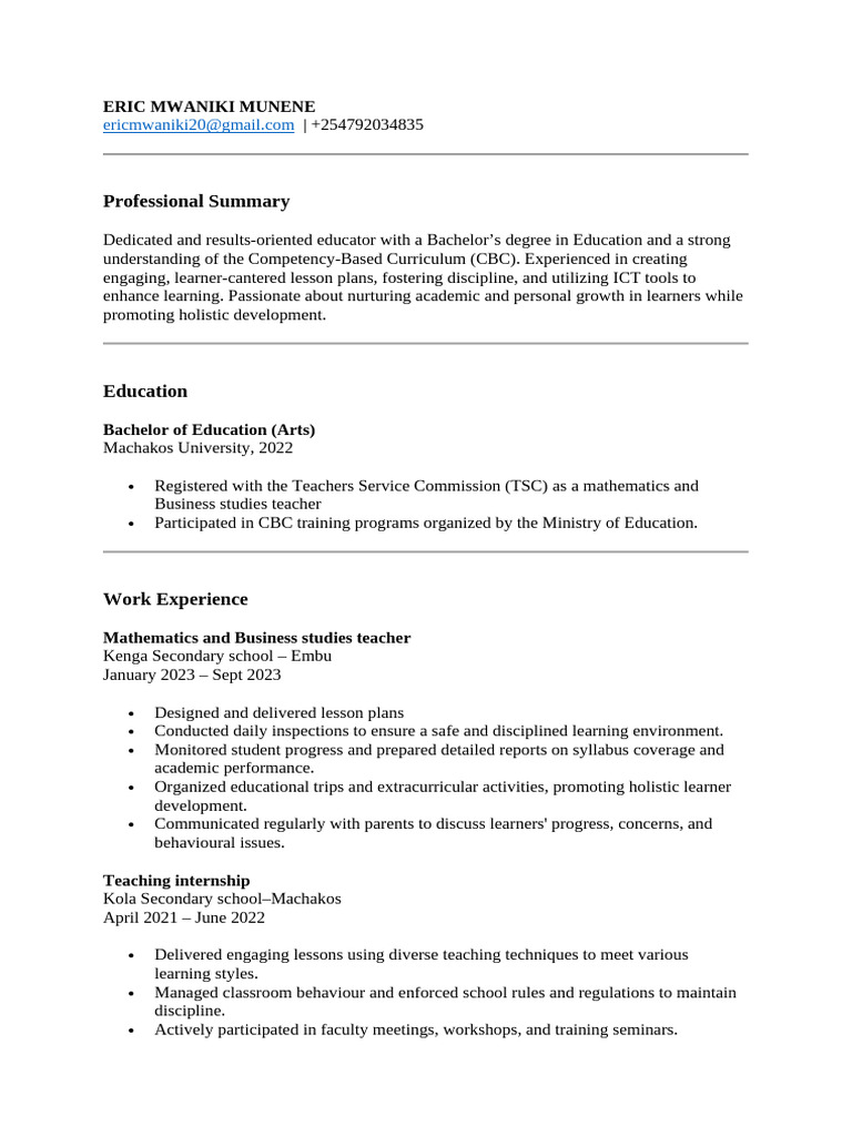 Eric Mwaniki Munene Kisc CV | PDF | Educational Technology | Cognition