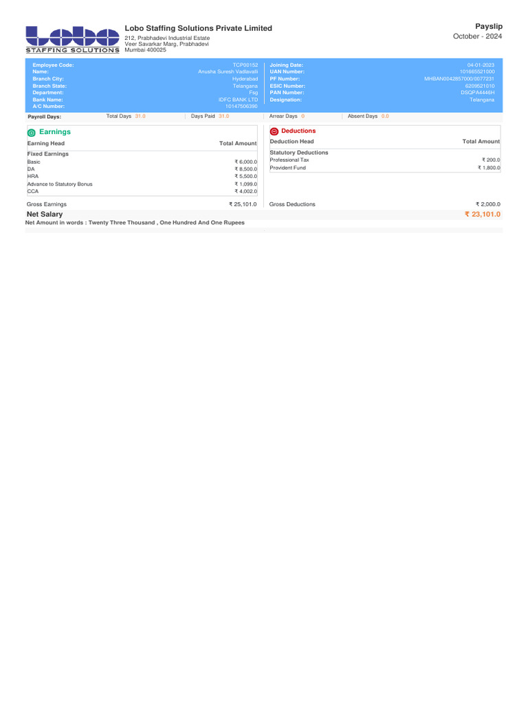 Anusha Suresh Vadlavalli-October-2024 Payslip | PDF | Payroll | Business