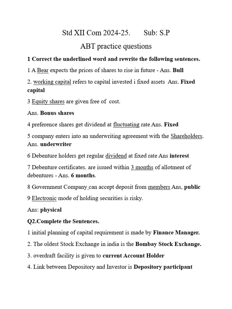 S.P. Practice Questions for Std XII Com | PDF | Stocks | Debenture