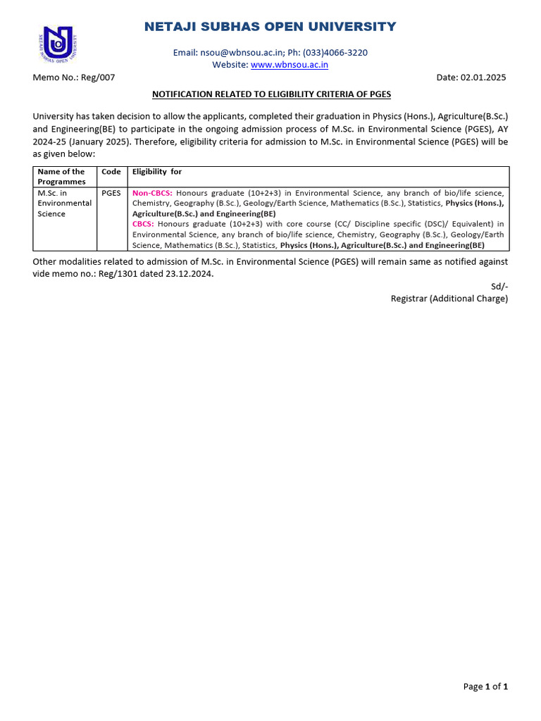 NSOU PG Notification Eligibility Criteria PGES | PDF
