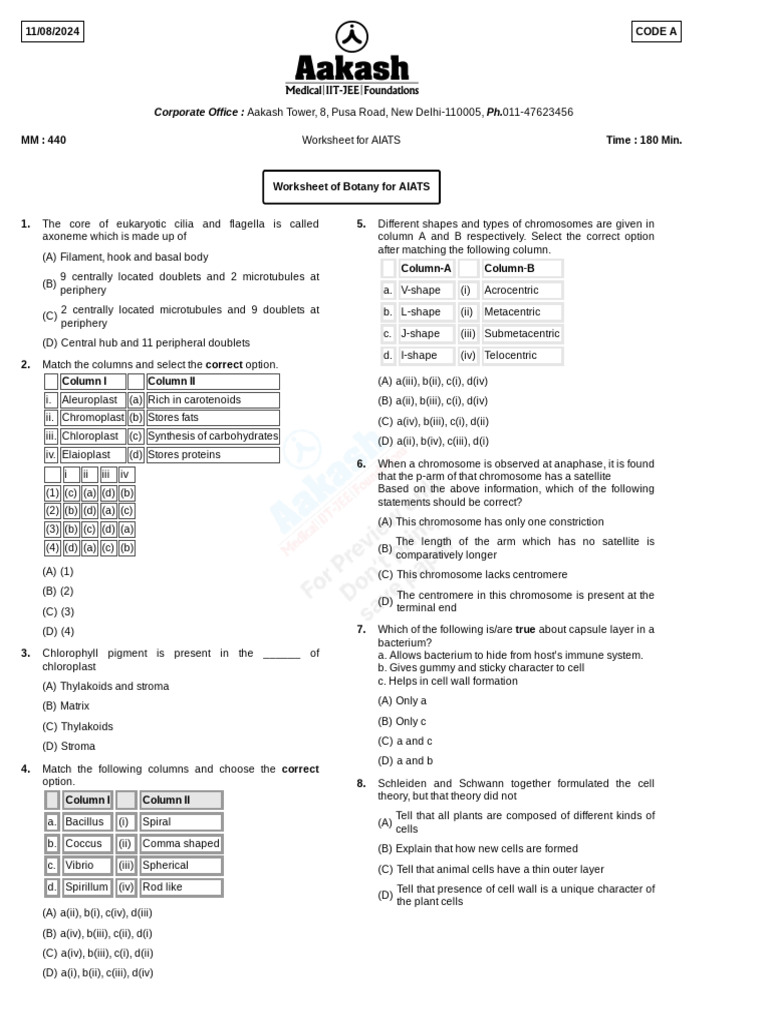 Cell Worksheet 2 For AIATS - 01 | PDF | Cell (Biology) | Cell Membrane