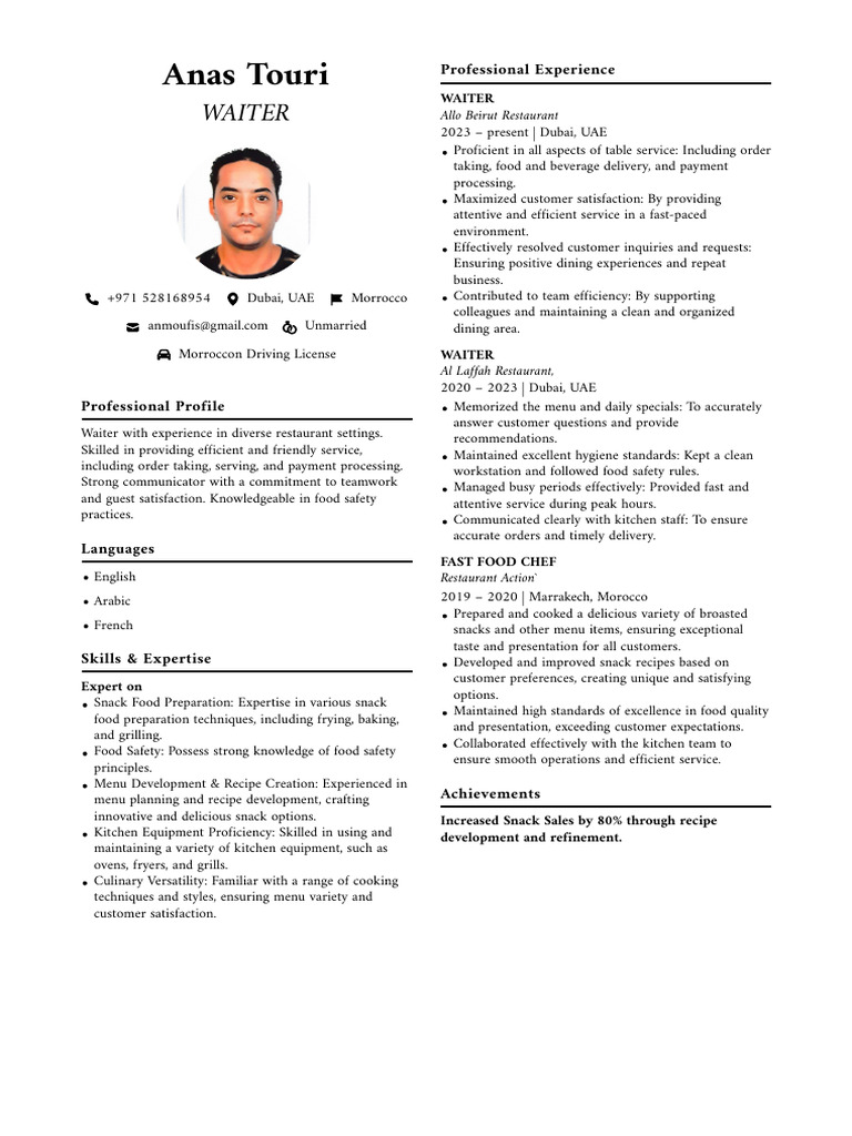 Anas-Touri-Resume -20241109 | PDF | Restaurants | Kitchen
