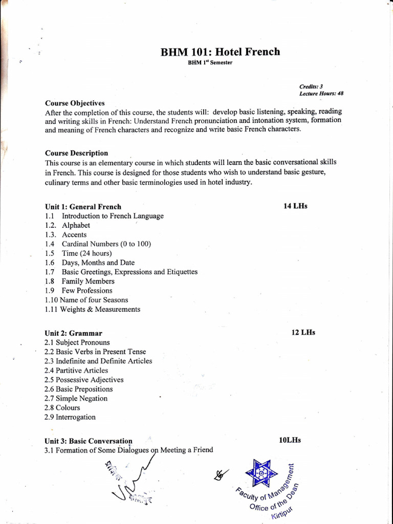 BHM 1st Sem Syllabus | PDF | French Language | Menu