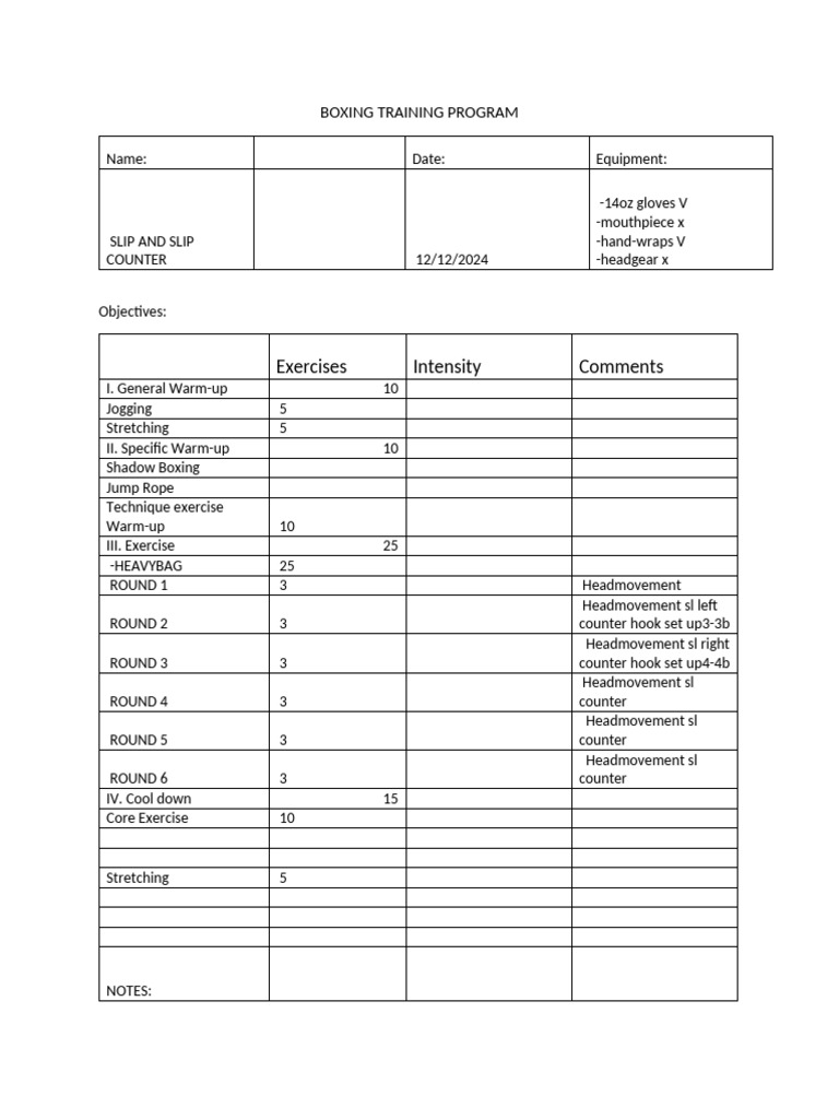 Boxing Training Program Outline | PDF