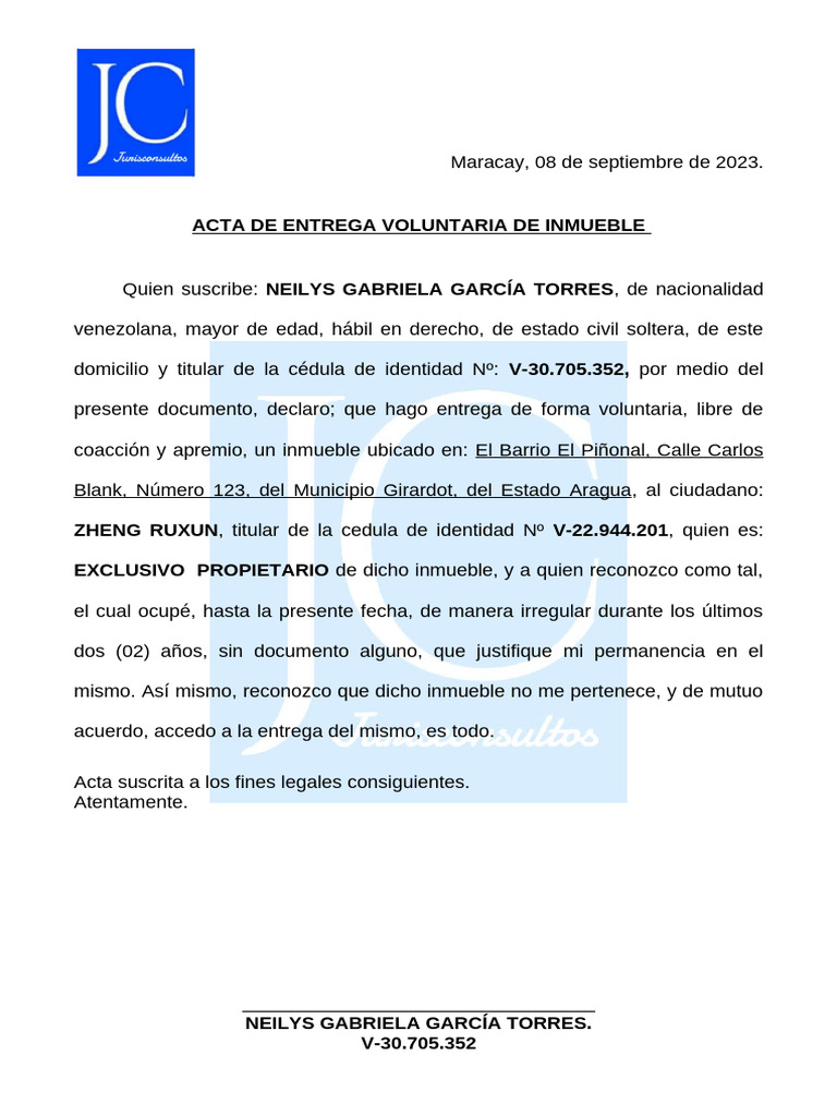 Acta de Entrega Voluntaria de Inmueble | PDF