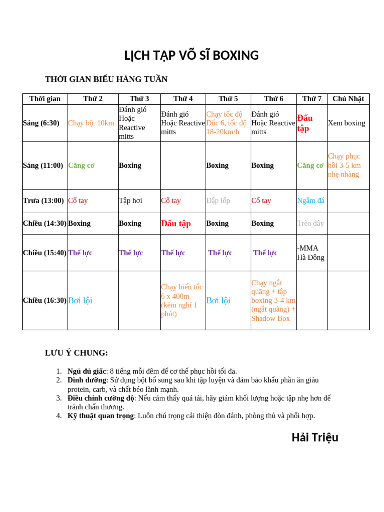 LỊCH TẬP VÕ SĨ BOXING | PDF
