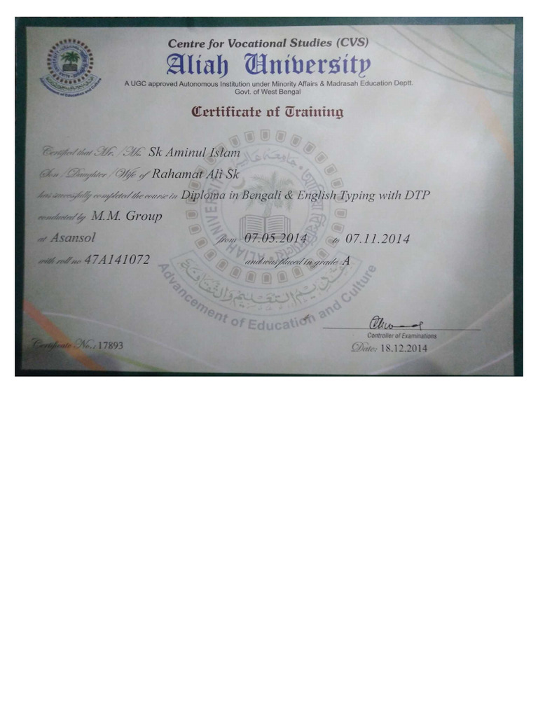 Aliah DTP Typing certificate (1) | PDF