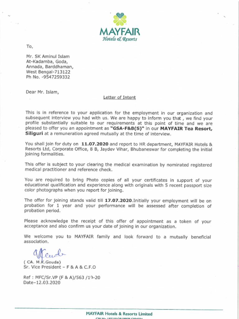 Mayfair Job Letter | PDF