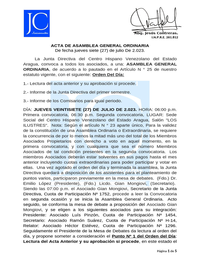 Minuta ACTA DE ASAMBLEA ORDINARIA 27 JULIO 2023 | PDF | Contabilidad | Bancos