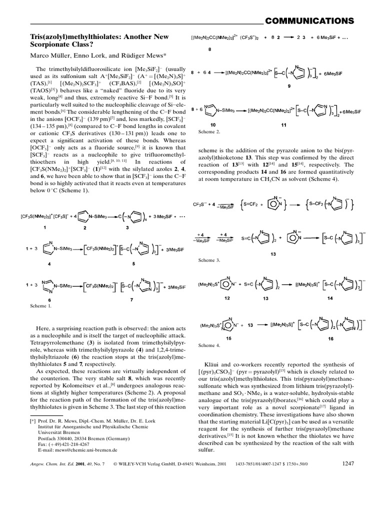 Tris(azolyl)methylthiolates Synthesis | PDF | Chemical Reactions | Salt ...