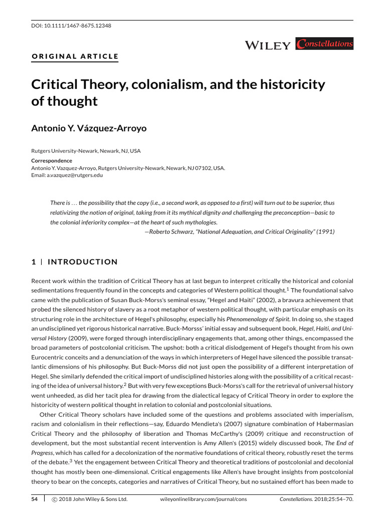 Critical Theory Colonialism and the Historicity of Thought | PDF | Critical Theory | Postcolonialism