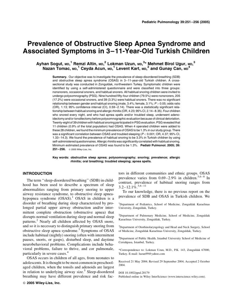 Prevalence of Obstructive Sleep Apnea Syndrome and Associated Symptoms ...