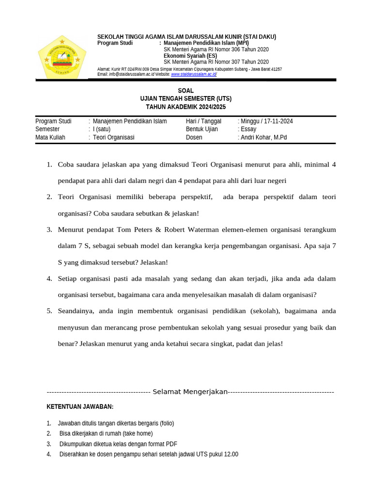 Lembar Soal UTS Teori Organisasi Smt 1 | PDF