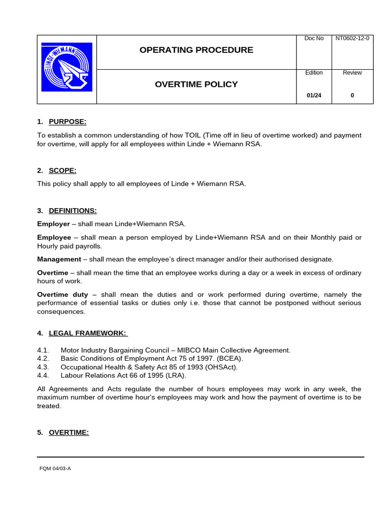 Nt0602!12!0 Overtime Policy Rev 0 | PDF | Overtime | Employment