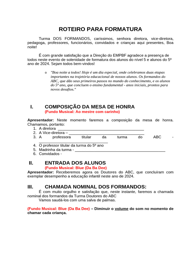 ROTEIRO PARA FORMATURA ABC Cantinho Pedagogico | PDF | Amor