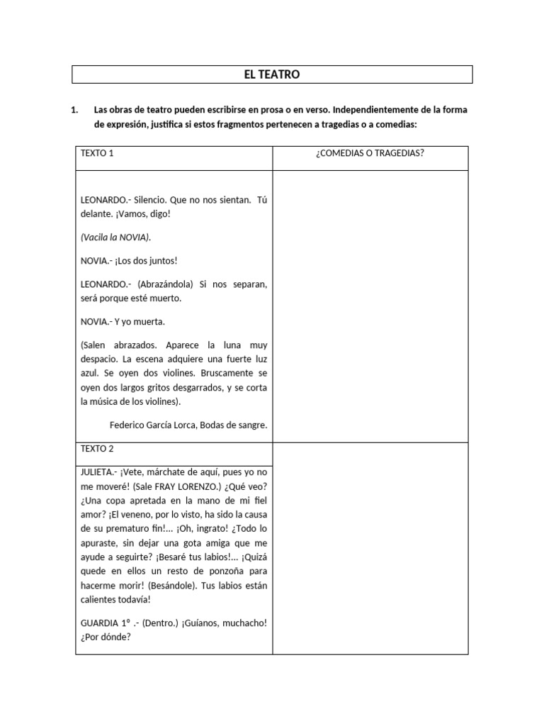 Actividades Subgéneros Dramáticos | PDF